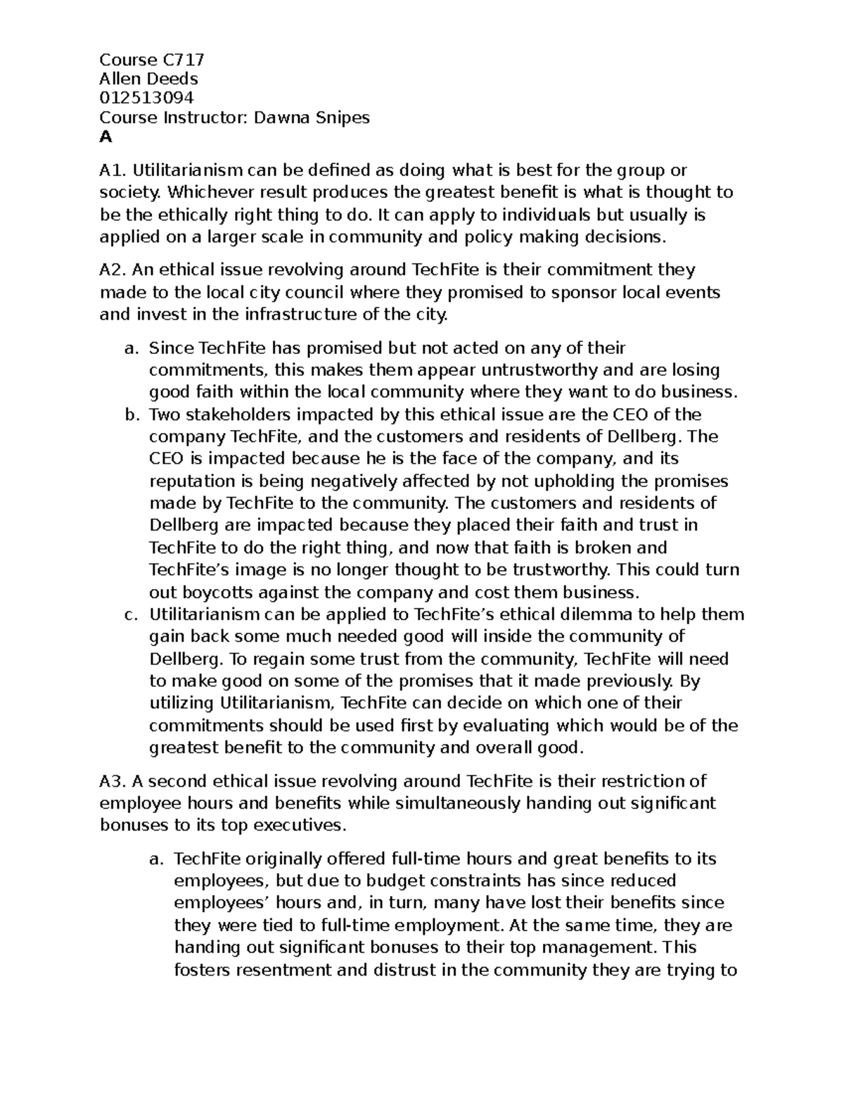 C717 Business Ethics Task 1: Analyzing TechFite's Ethical Dilemmas ...