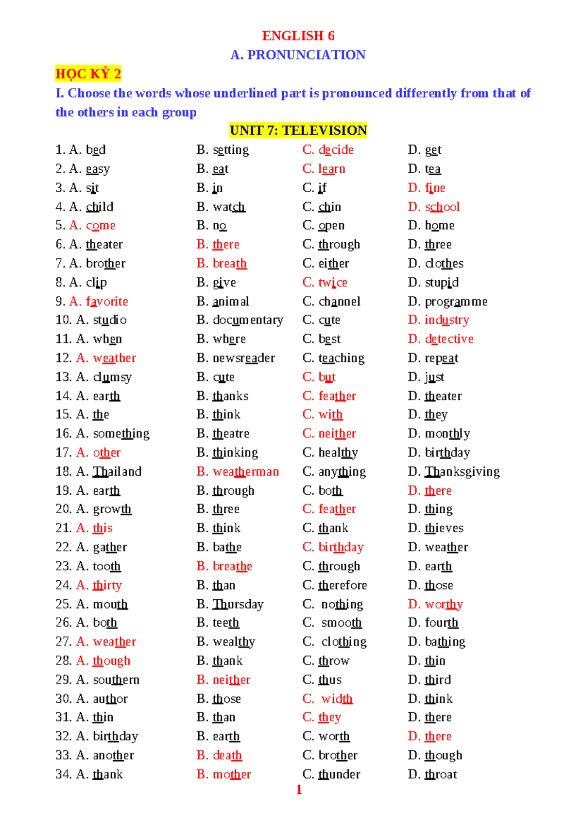 ENGLISH 6 A. PRONUNCIATION EXERCISES UNIT 7-12 - Studocu