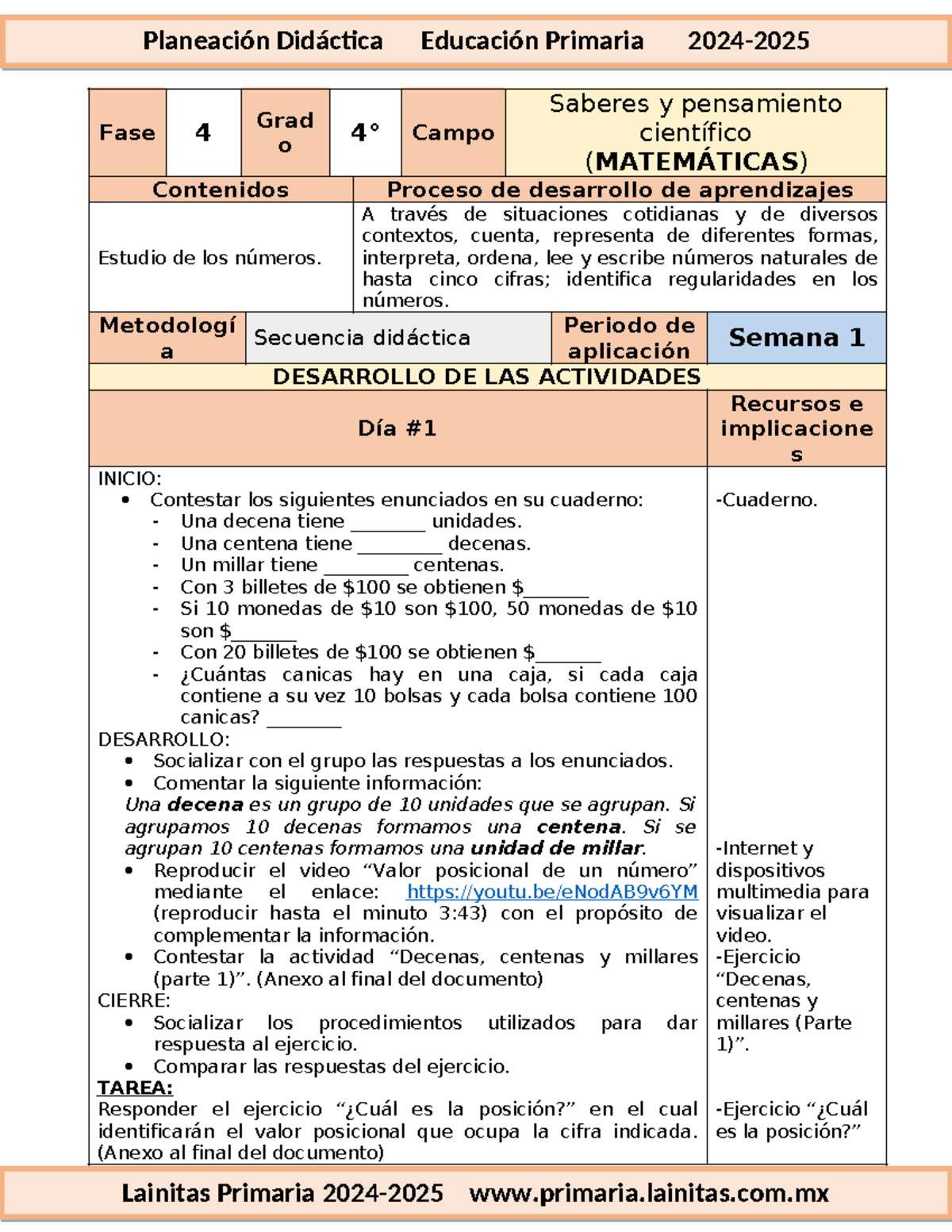 Planeación Matemáticas 4° Grado - Octubre 2024-2025 - Studocu