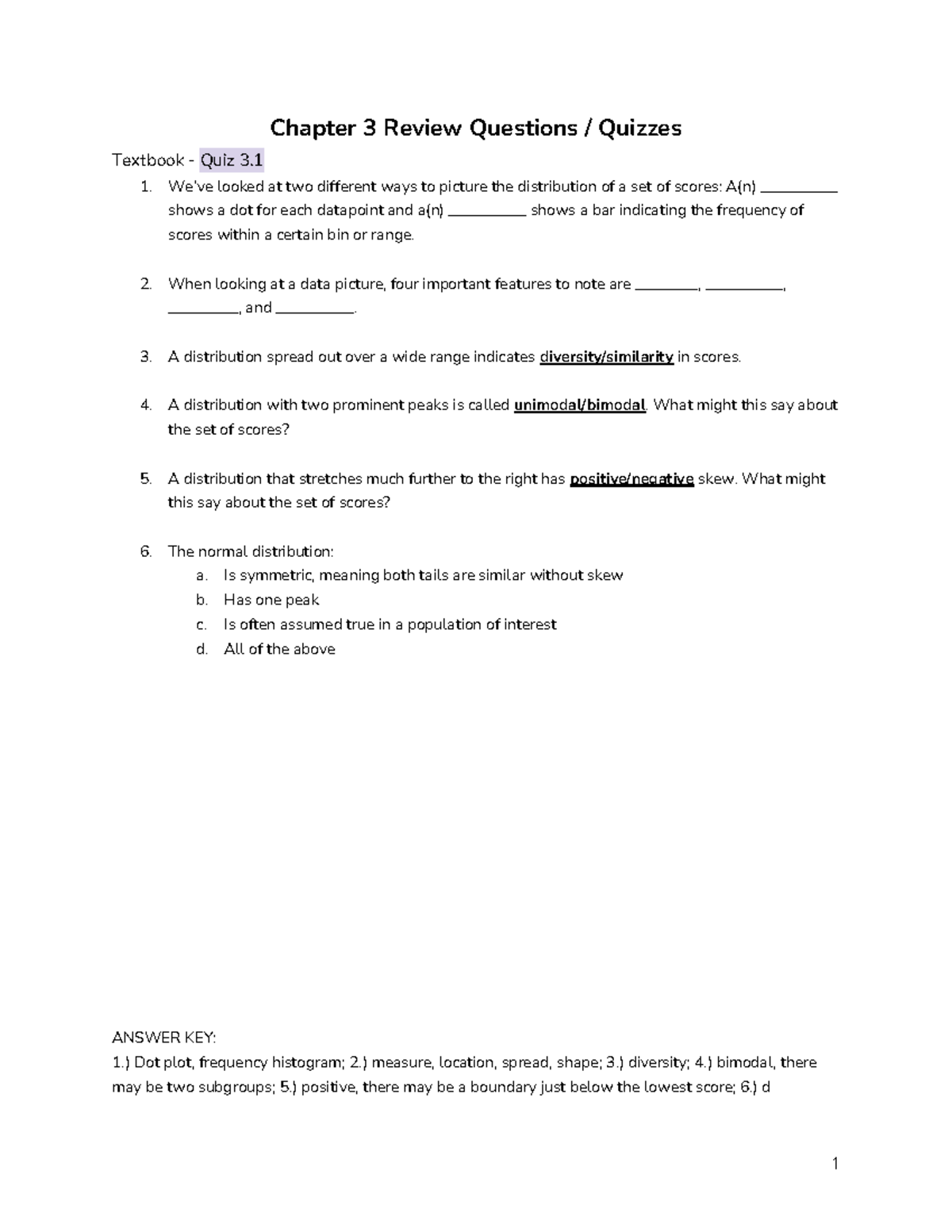 Chapter 3 Review Questions & Quiz Answers for Stats 101 - Studocu