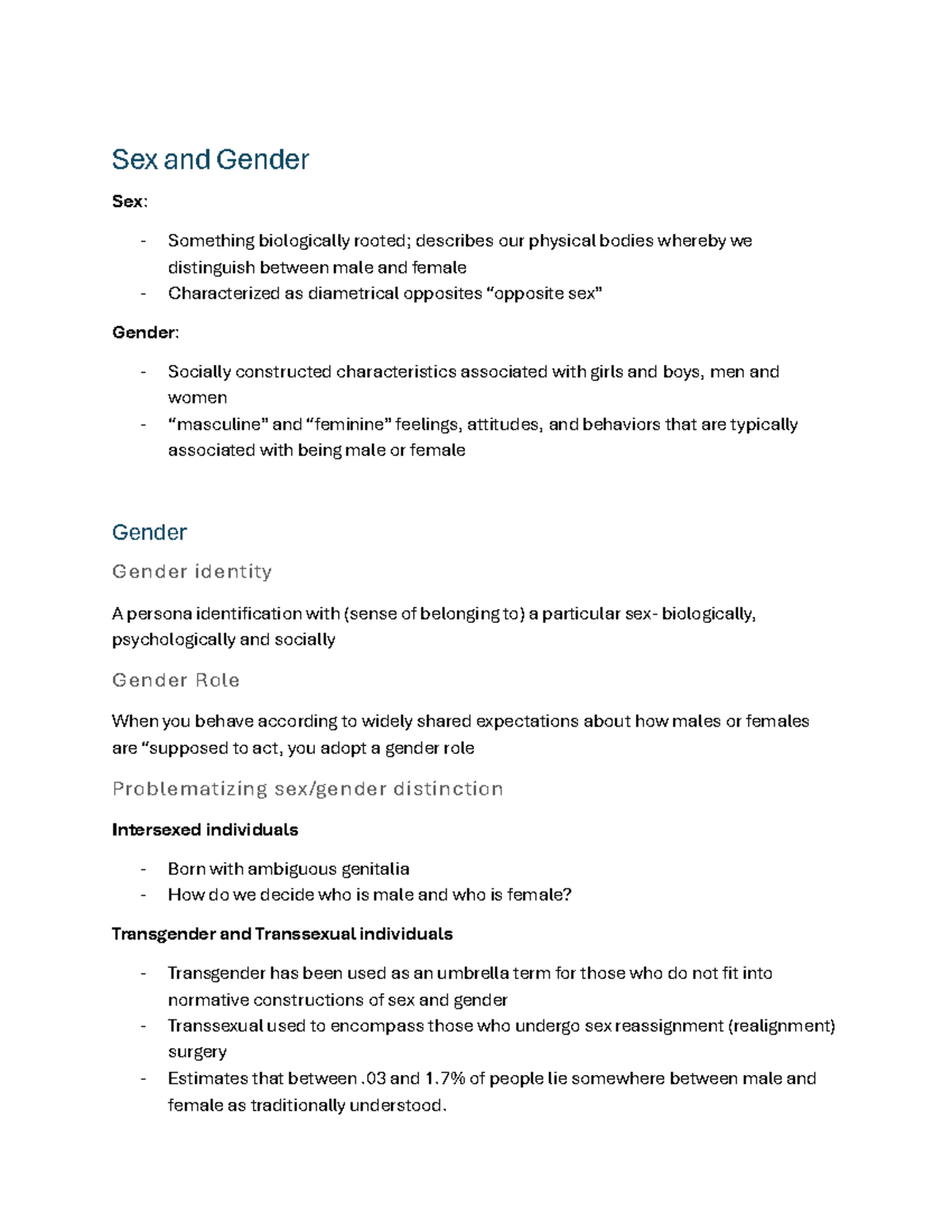 SOC 1101 - Week 8 Lecture Notes - Sex and Gender Sex: - Something ...