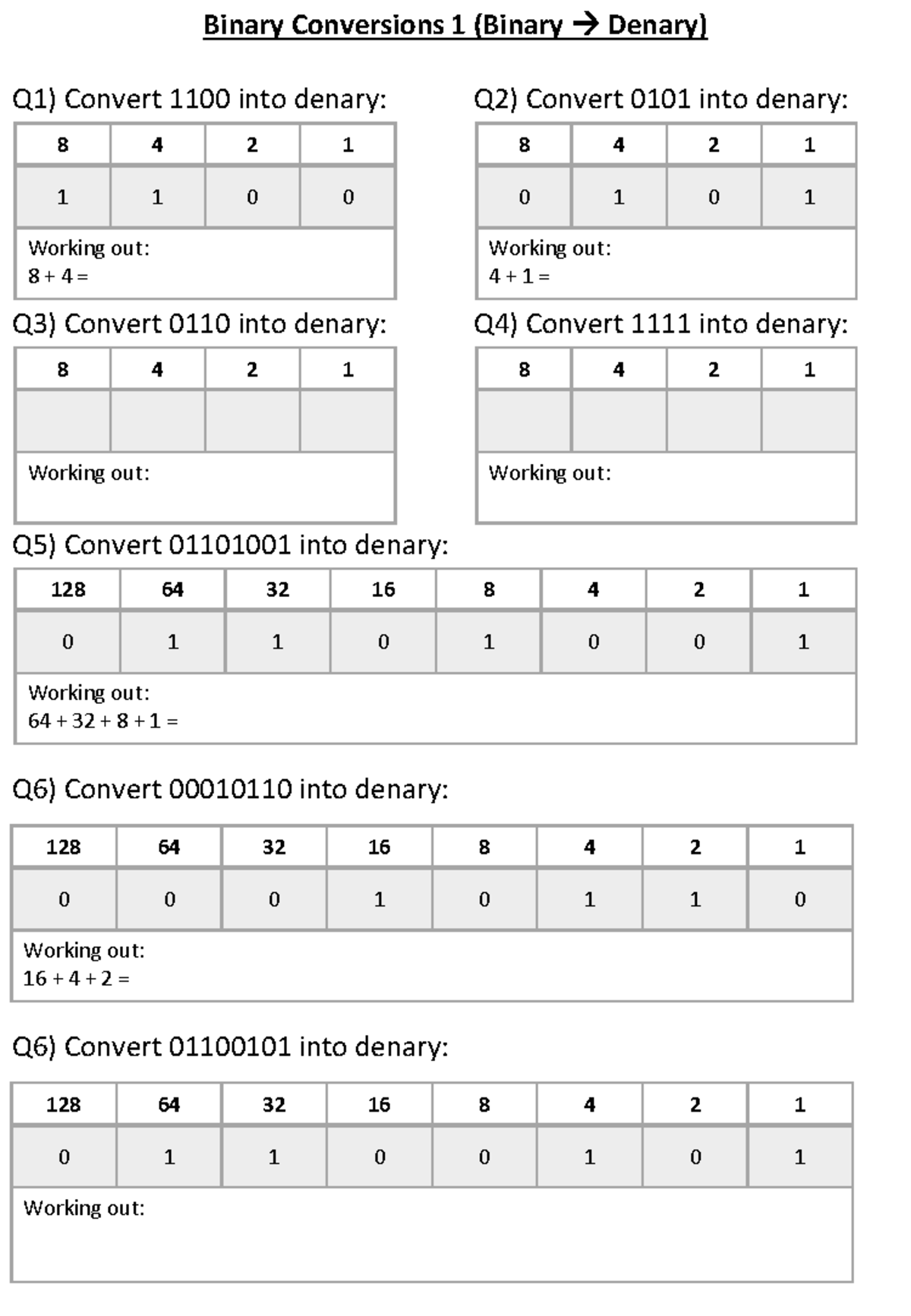 Binary Conversions Worksheet (Y8 L2) - Denary to Binary - Studocu