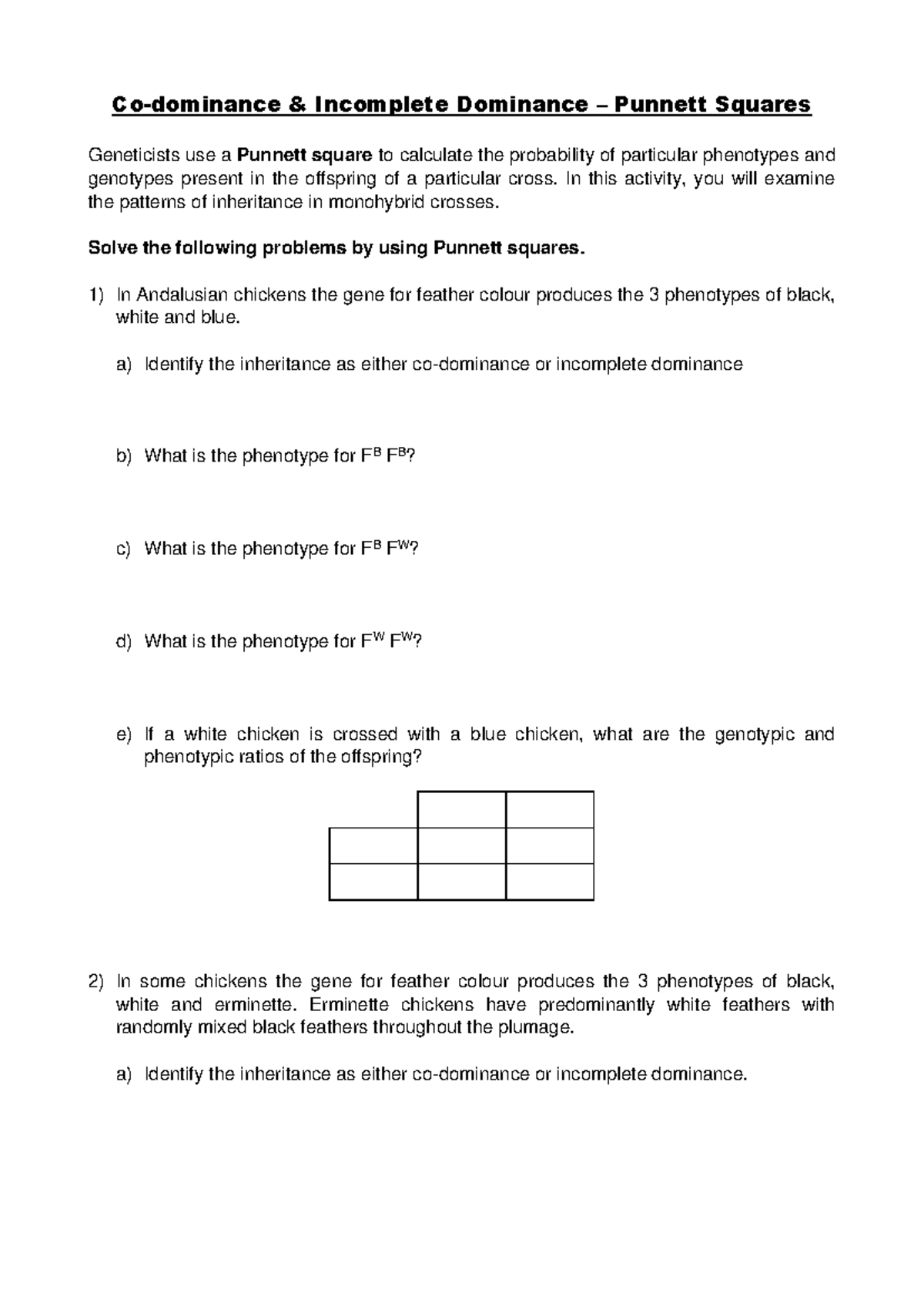 Co-dominance & Incomplete Dominance: Punnett Squares Analysis - Studocu