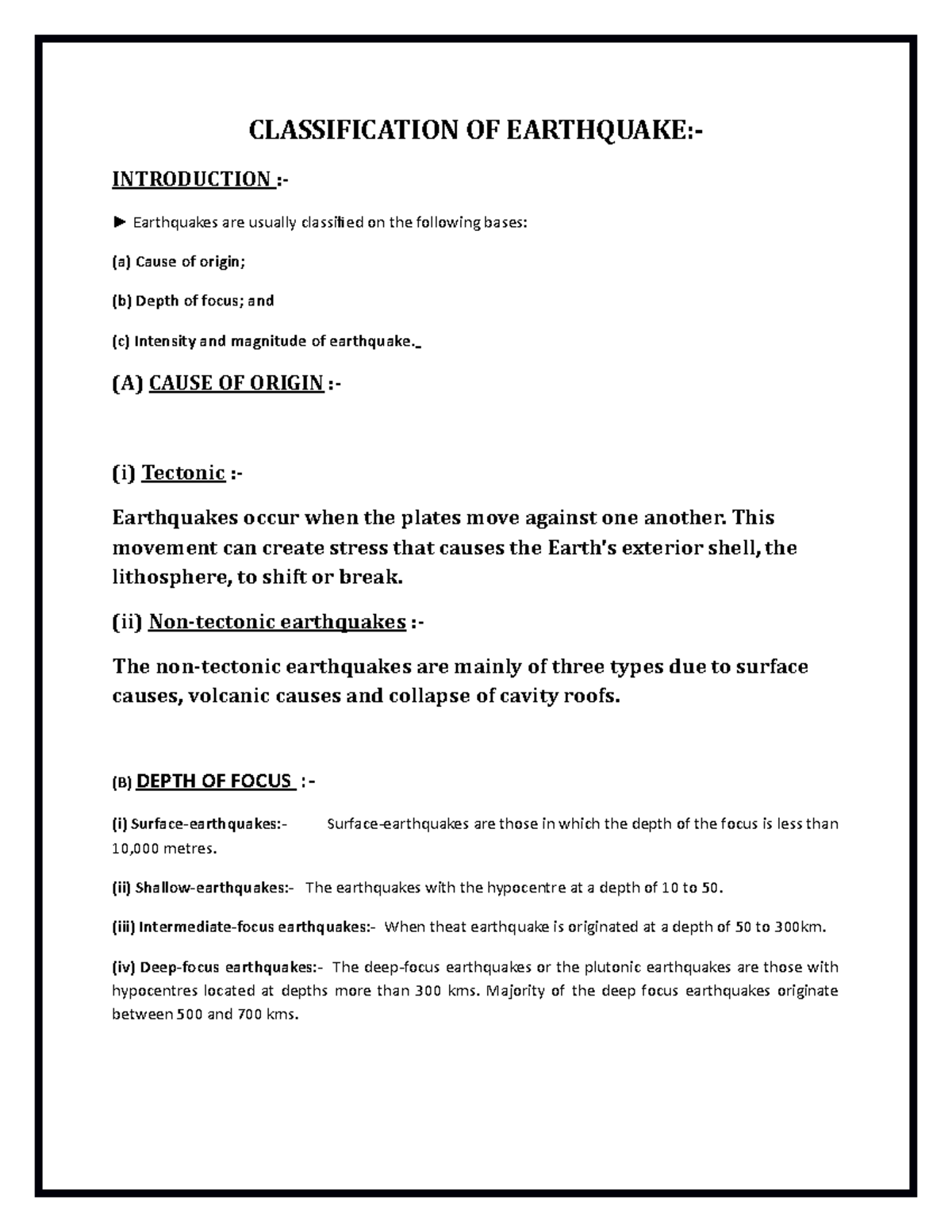 Classification and causes of earthquake - CLASSIFICATION OF EARTHQUAKE ...