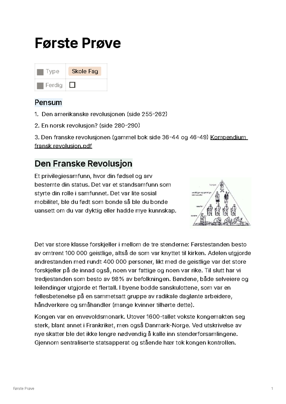 Første Prøve: Den Franske Revolusjonen - Kort Oversikt - Studocu