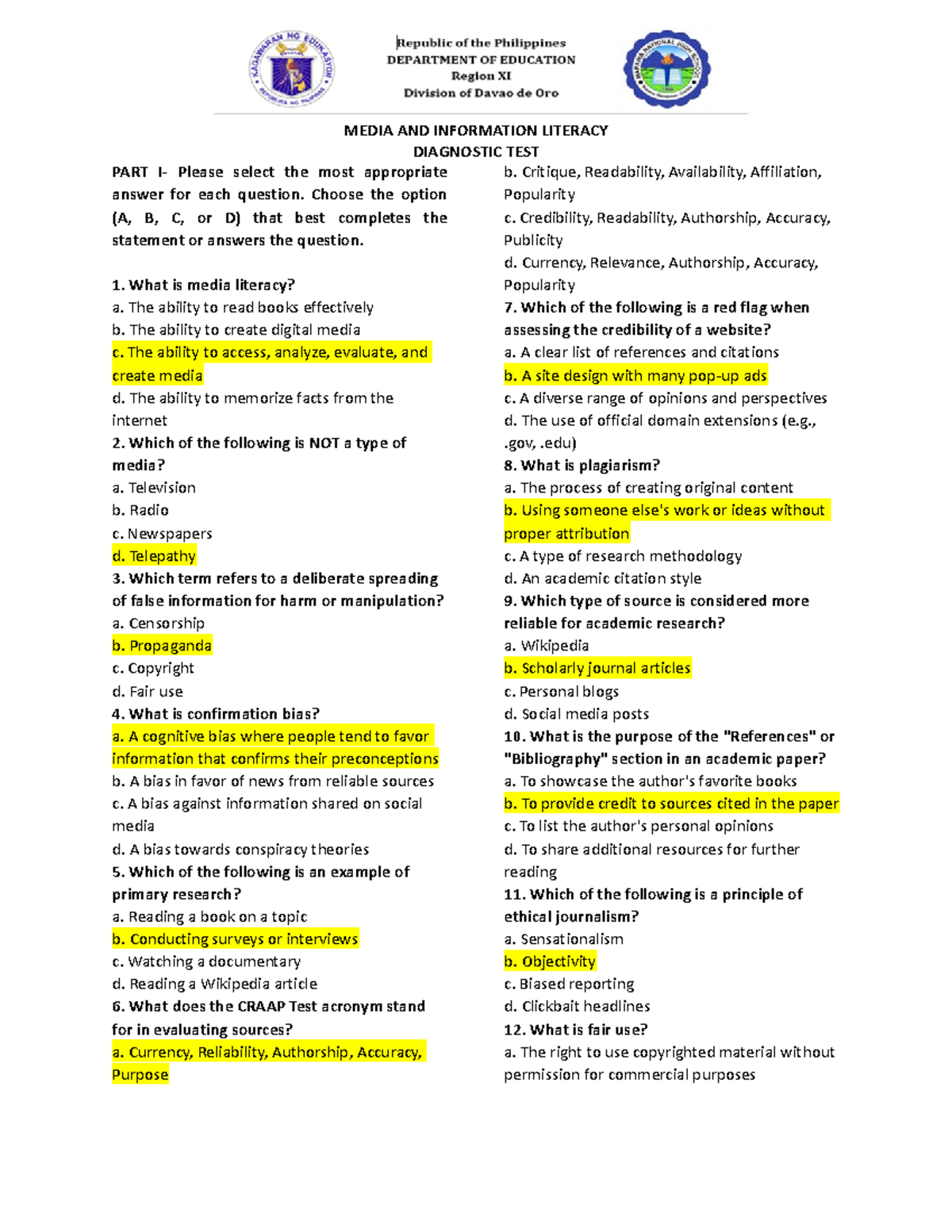Media and Information Literacy Diagnostic Test - AK - Studocu