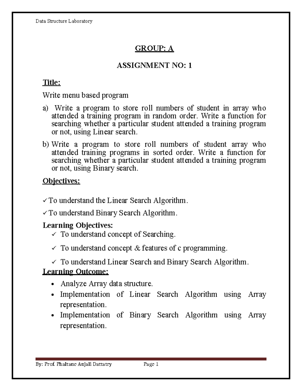 Data Structure Laboratory (DSS) Assignment 1: Searching Algorithms in C - Studocu