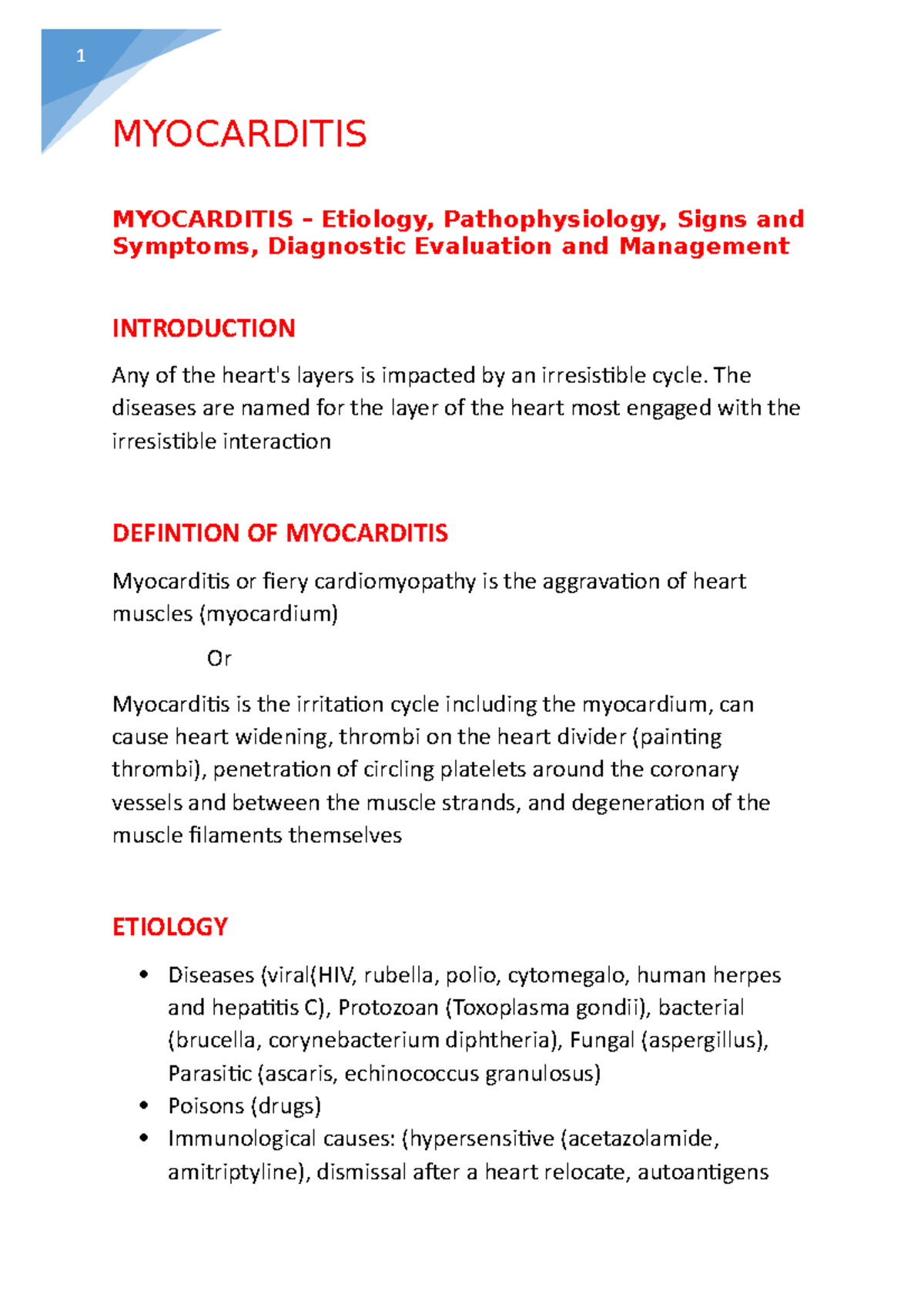 Myocarditis: Overview, Causes, Symptoms, Diagnosis & Management - Studocu