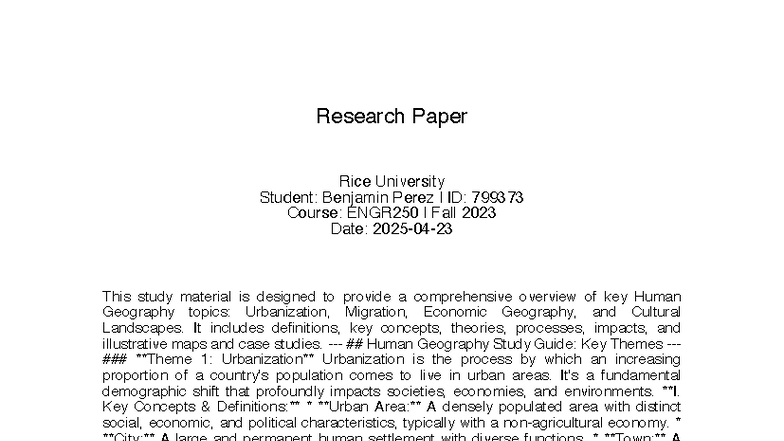 ENGR250 Fall 2023: Human Geography Study Guide Overview - Studocu