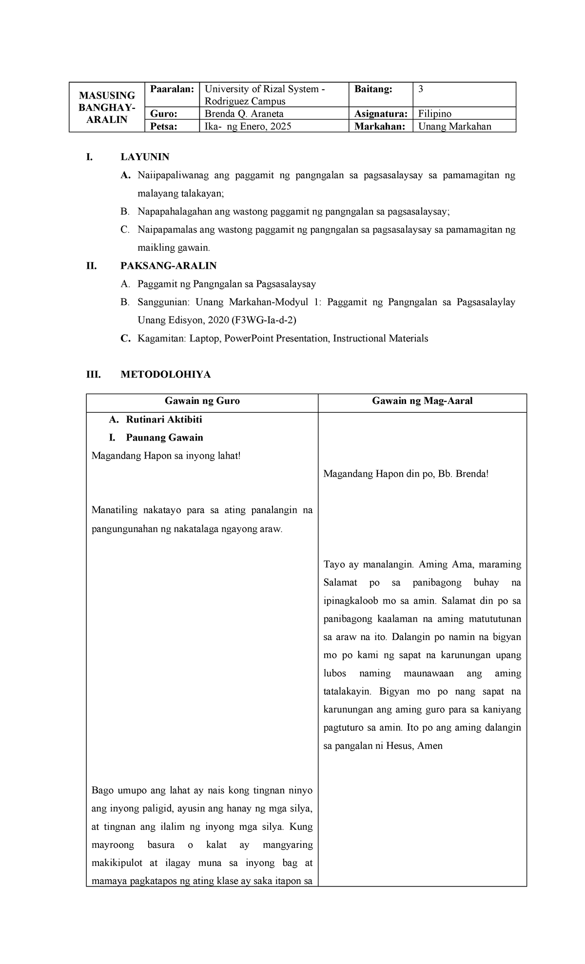 Banghay Aralin sa Filipino 3 - Paggamit ng Pangngalan sa Pagsasalaysay ...