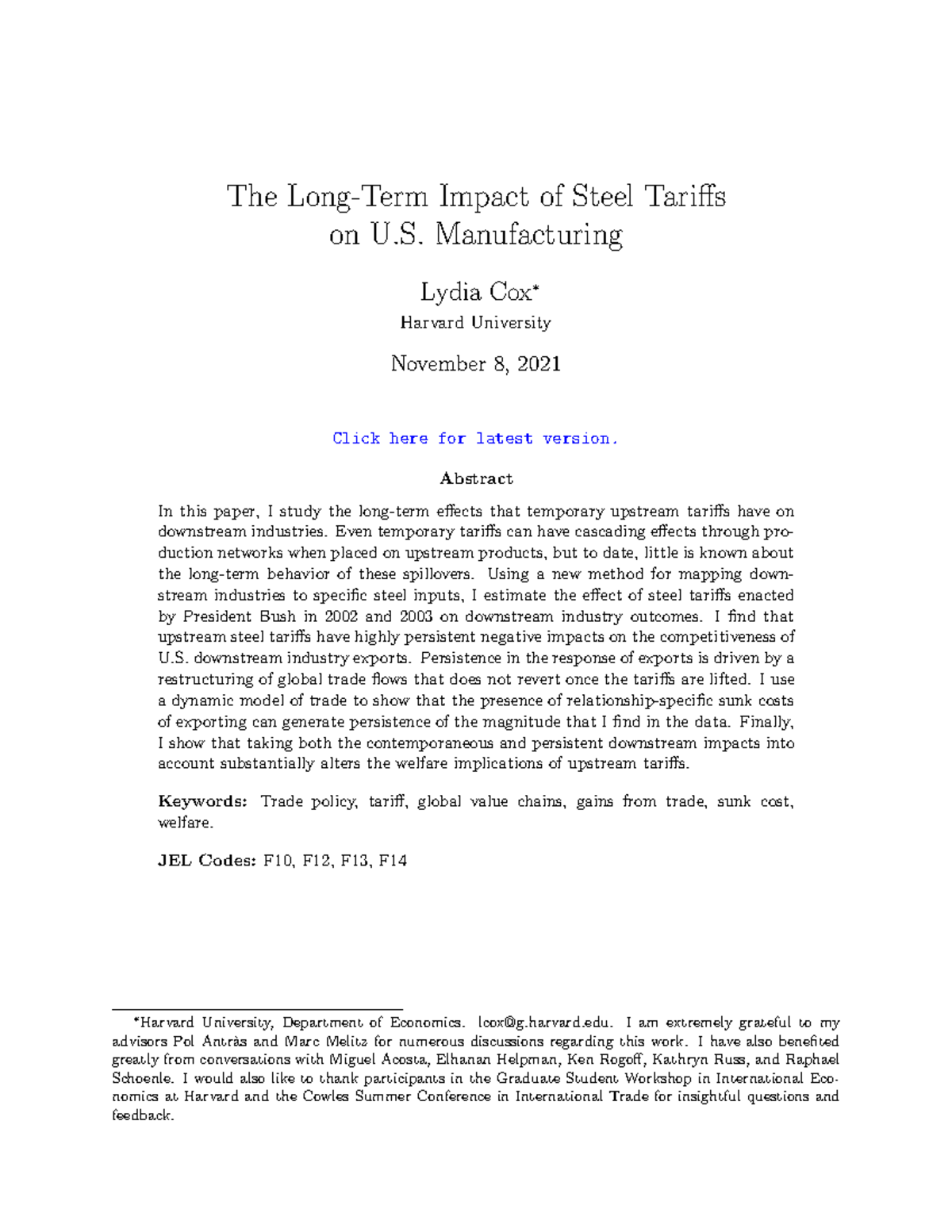 JMP: Long-Term Effects of Steel Tariffs on U.S. Manufacturing - Studocu