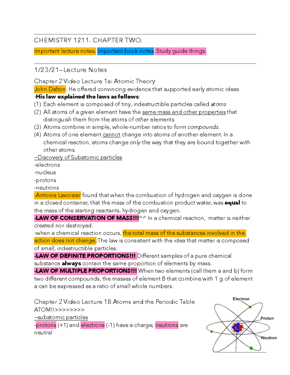 CHEM 1211 Chapter 2 Notes: Atomic Theory & Periodic Table Overview ...