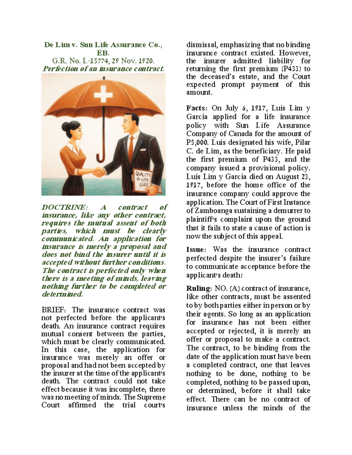 De Lim v. Sunlife perfection of an insurance contract - De Lim v. Sun ...