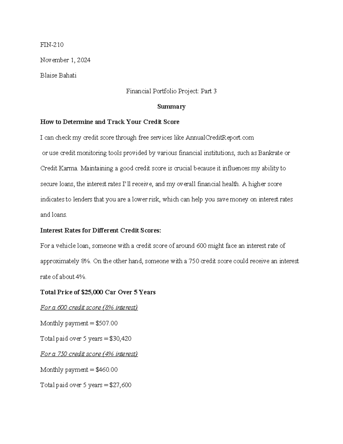 Financial Portfolio Project Part 3 - FIN- November 1, 2024 Blaise ...