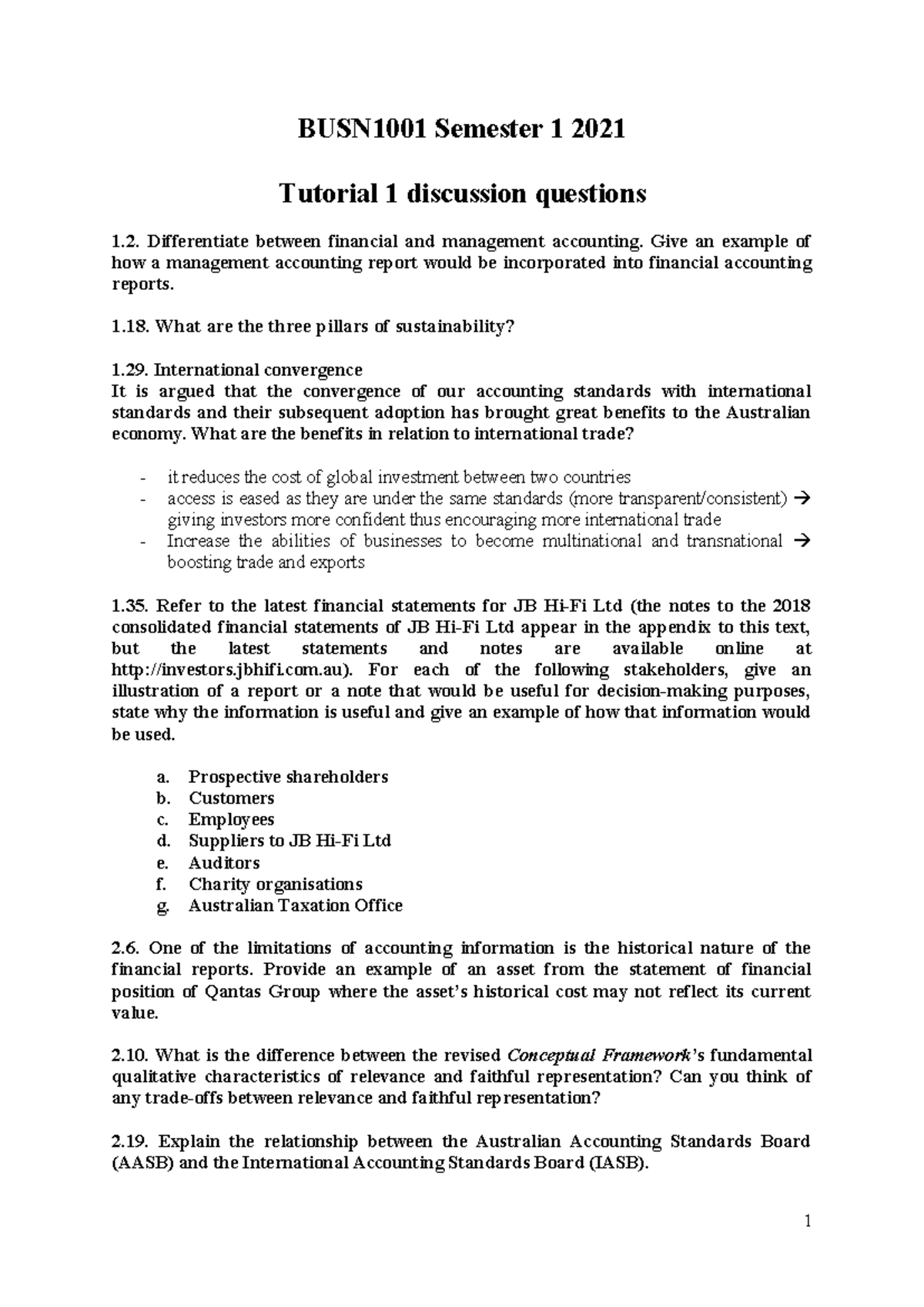 BUSN1001 S1 2021 Tutorial 1 Discussion Questions & Key Concepts - Studocu