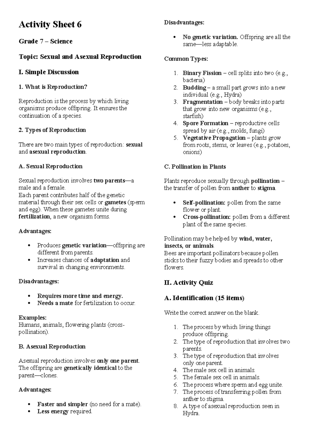 Activity Sheet 6: Grade 7 Science on Reproduction Types - Studocu
