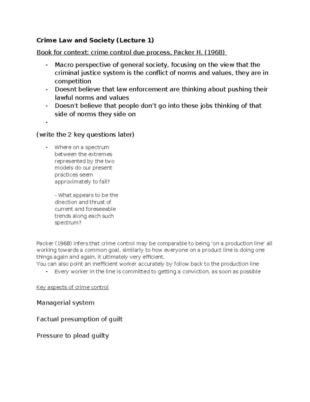 CLS- Lecture 1: Crime Control vs. Due Process Perspectives - Studocu