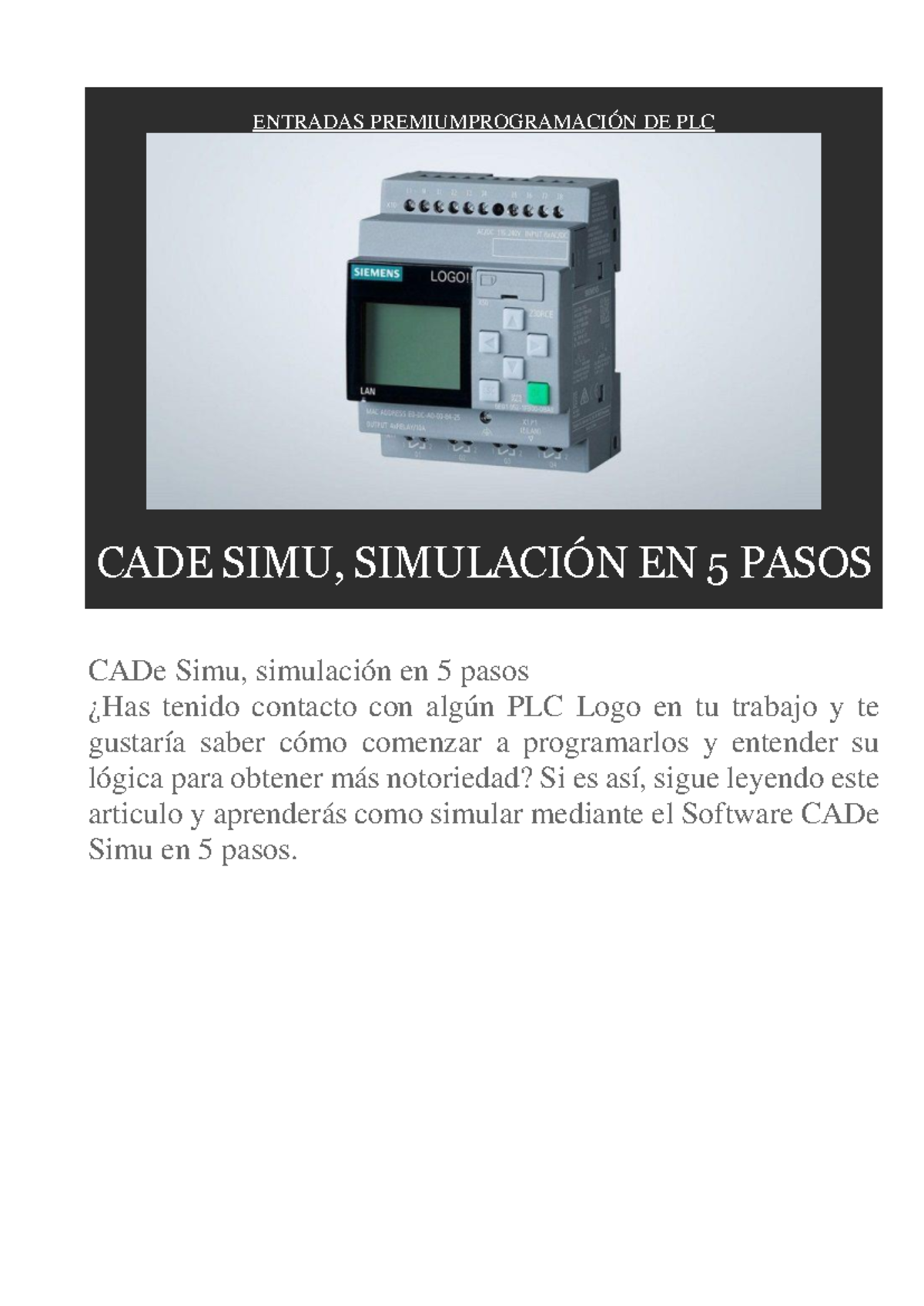 Guía de Programación PLC Logo con CADe Simu: 5 Pasos Esenciales - Studocu