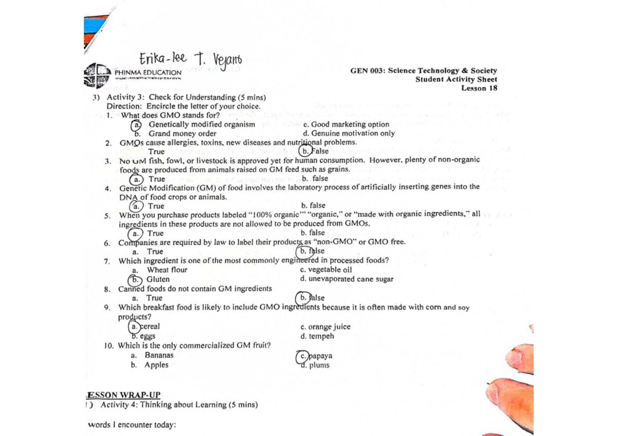 PHINMA EDUCATION GEN 003: Science Technology Society Activity Sheet ...