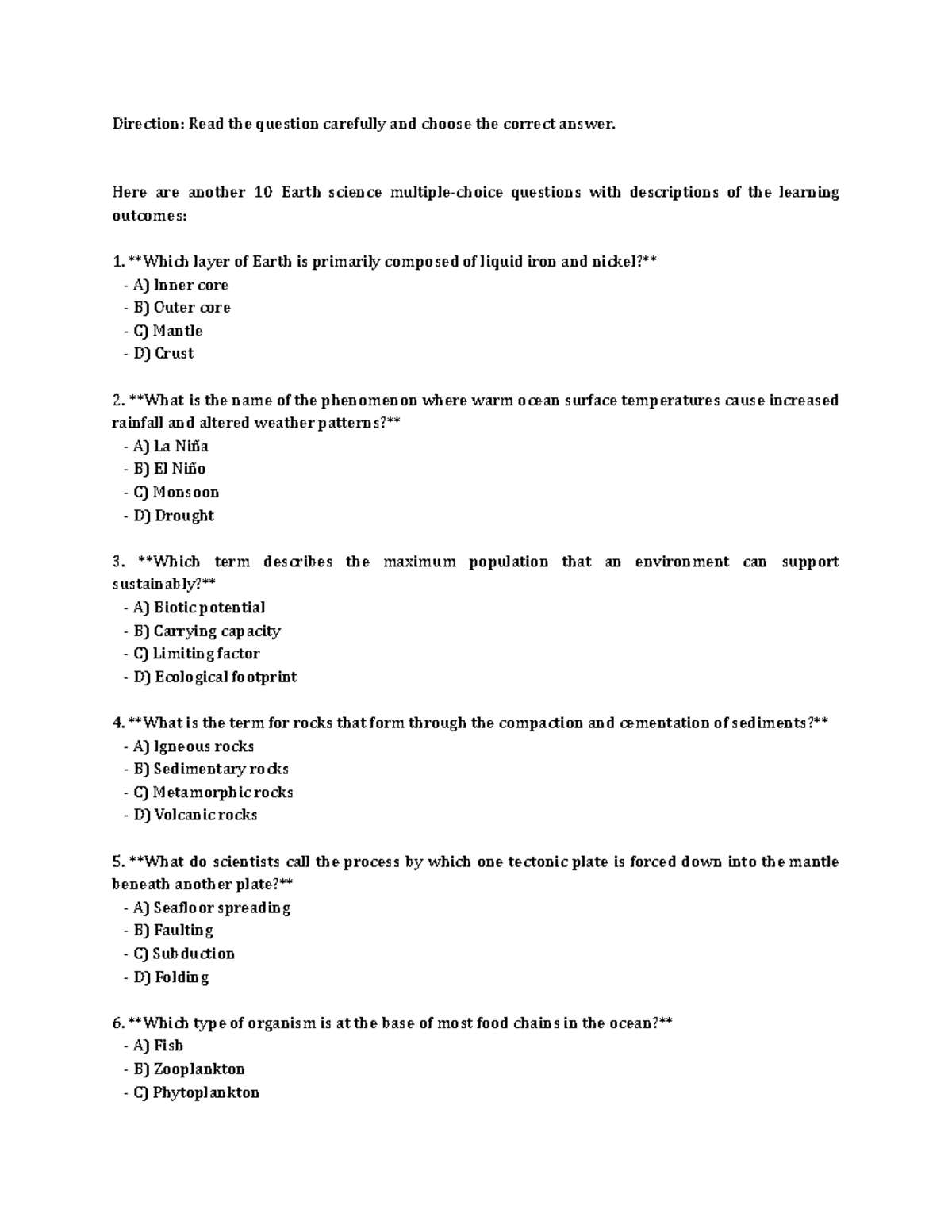 EE80 - Earth Science Quiz: Understanding Layers, Weather, and ...
