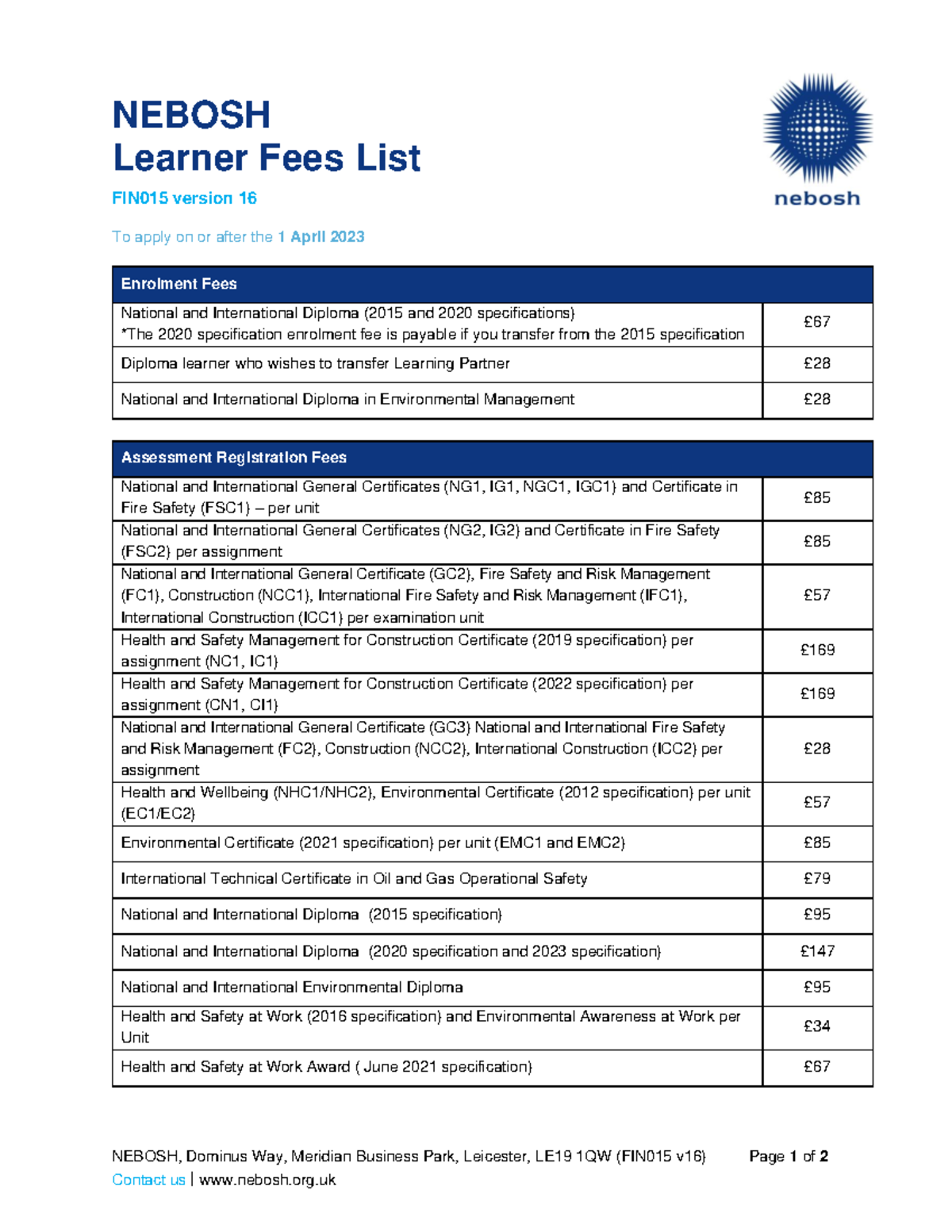 FIN015 Learner Fees List v16 Effective from April 1, 2023 - Studocu