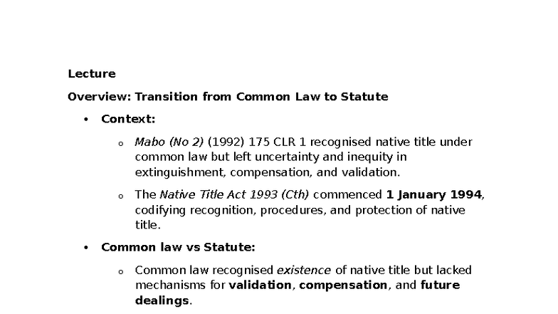 Topic 11: Lecture Overview on Native Title Act 1993 (Cth) and Common ...