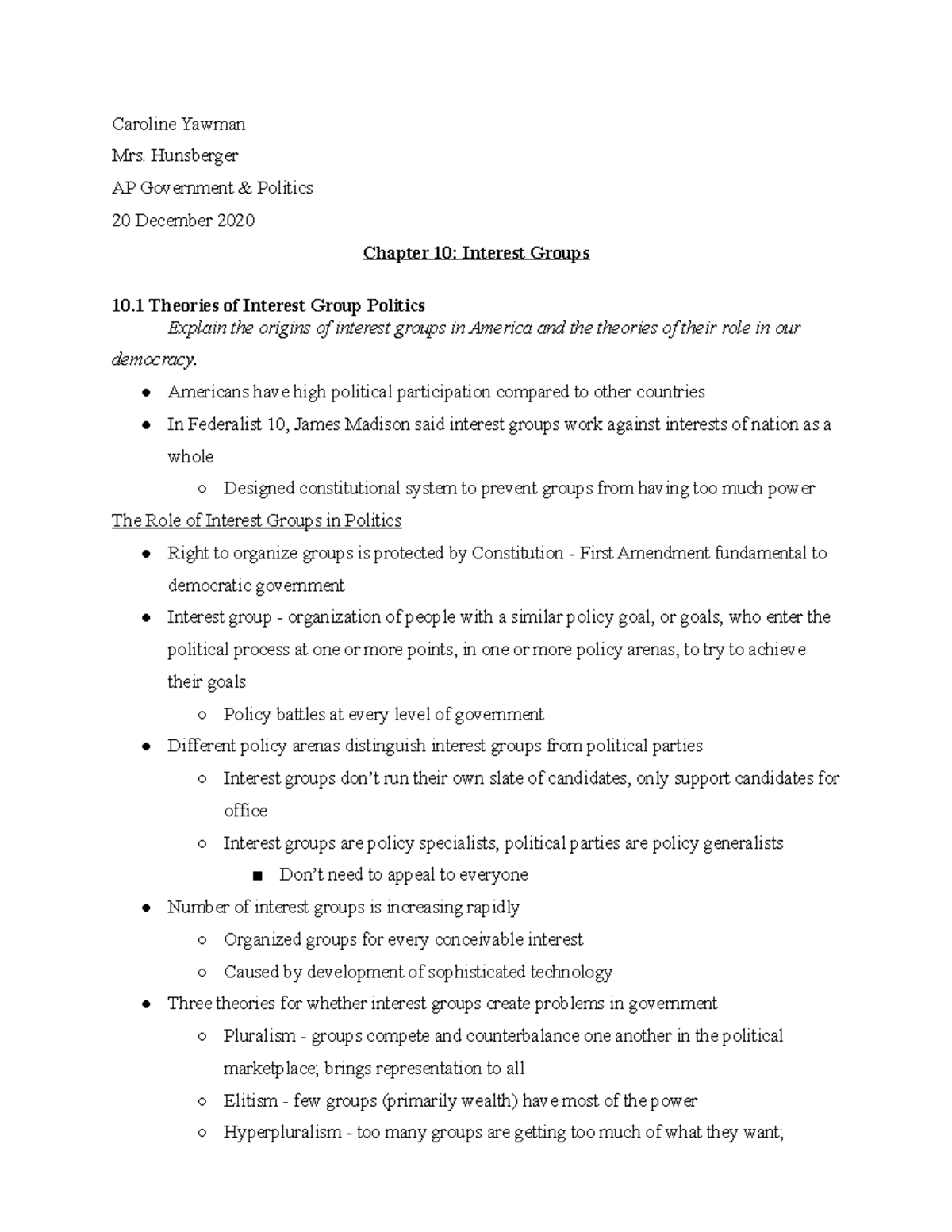 AP Government & Politics: Chapter 10 Interest Groups Notes - Studocu