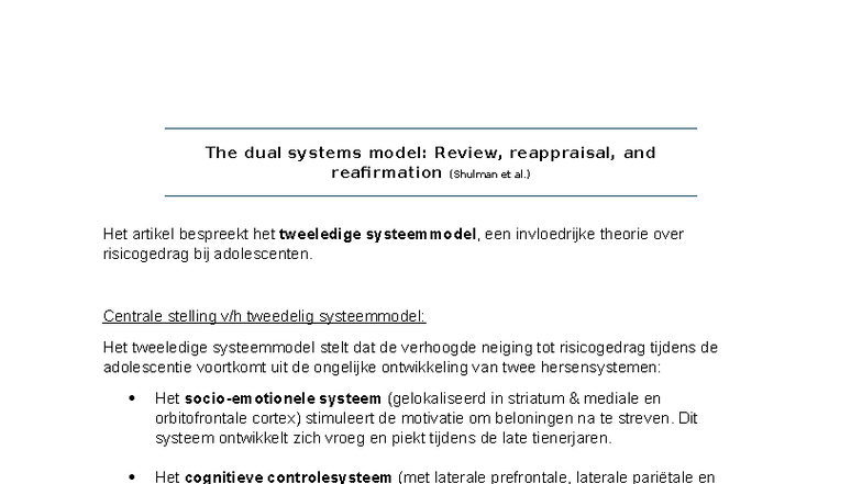The Dual Systems Model: Insights on Adolescent Risk Behavior (Shulman ...