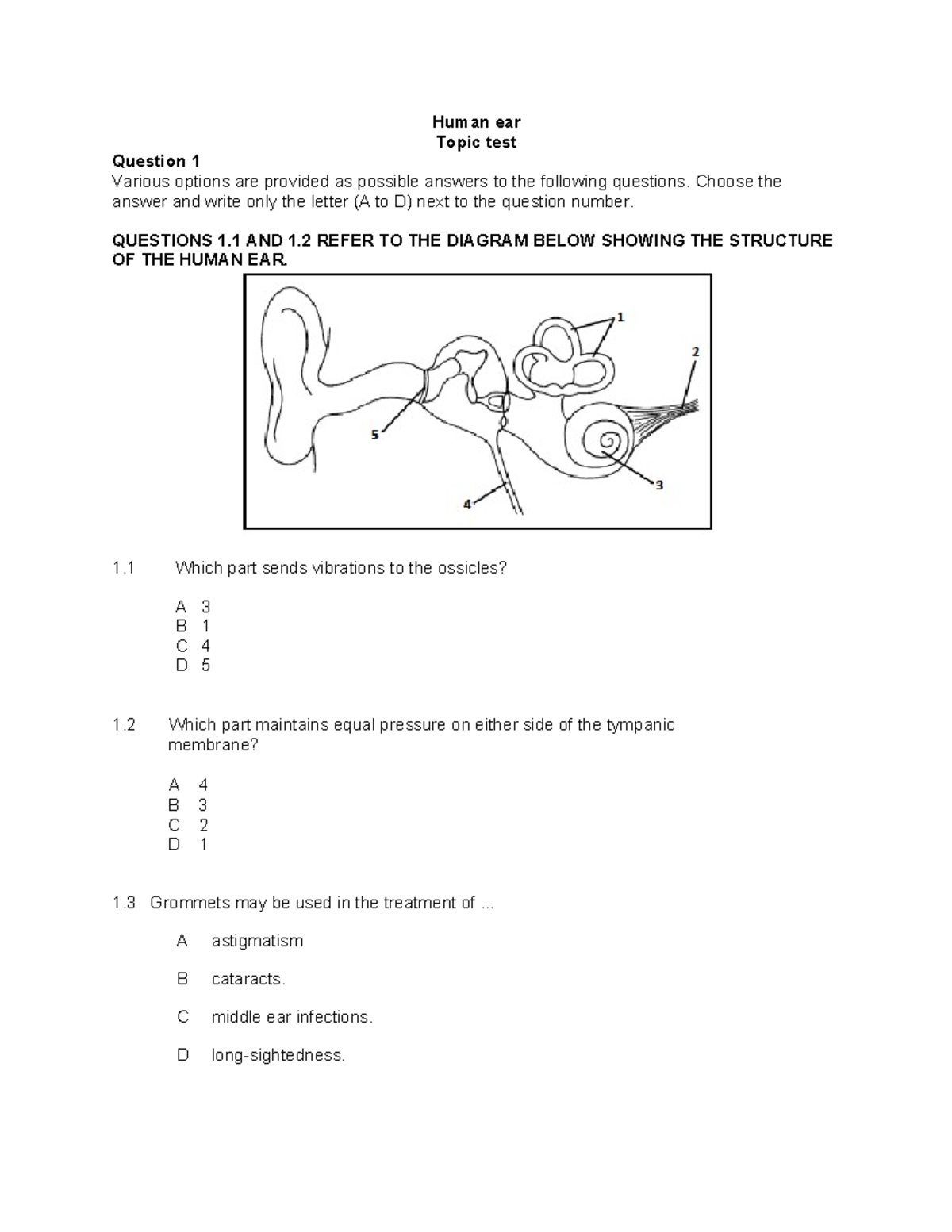 Human Ear Topic Test - Grade 12 Questions and Answers - Studocu