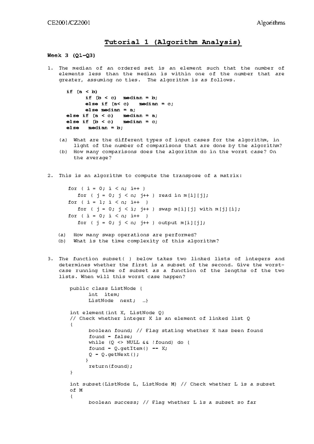 2001 T1 - CZ2001 - Tutorial 1 - CE2001/CZ2001 Algorithms Tutorial 1 ...