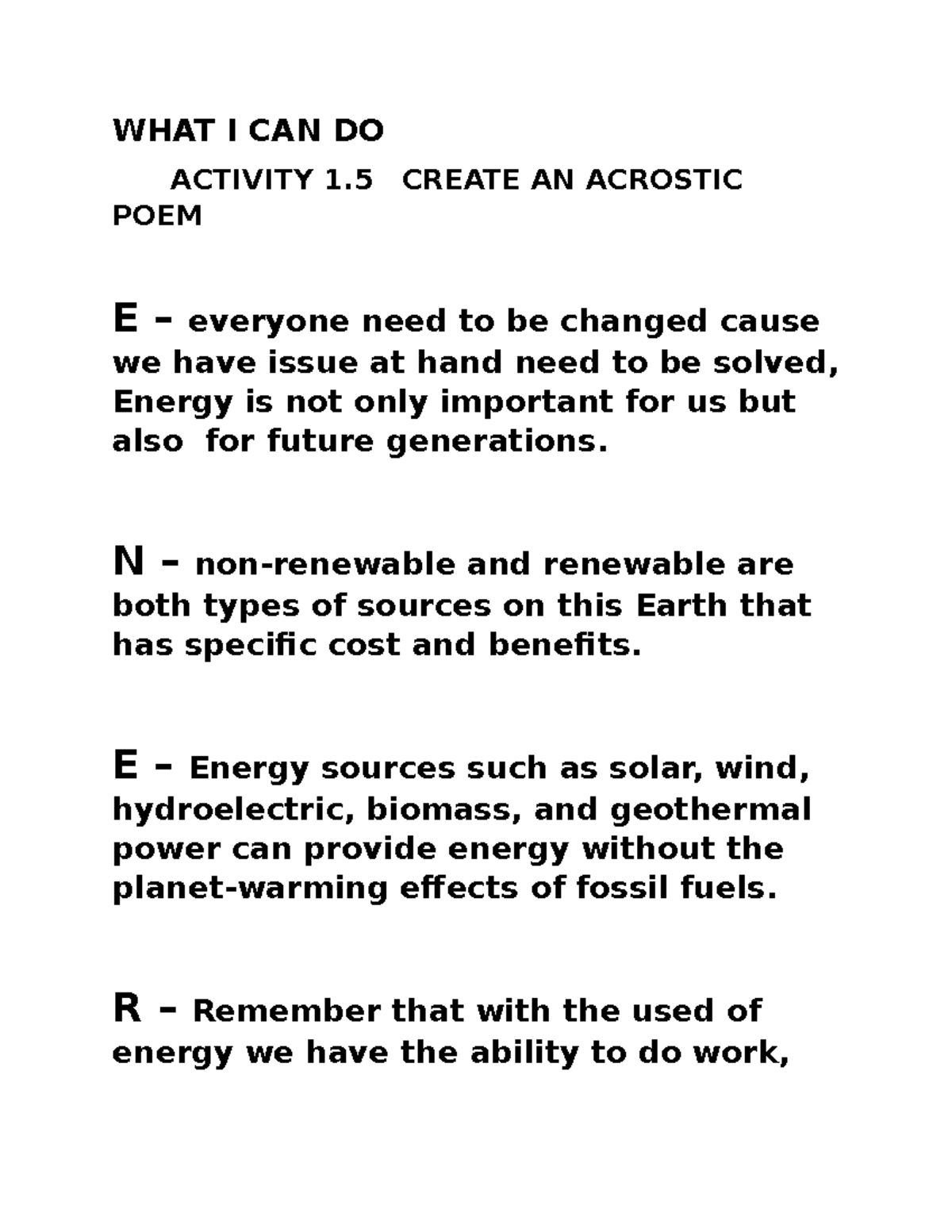 ACROSTIC POEM ON ENERGY: A Creative Exploration of Power Sources - Studocu