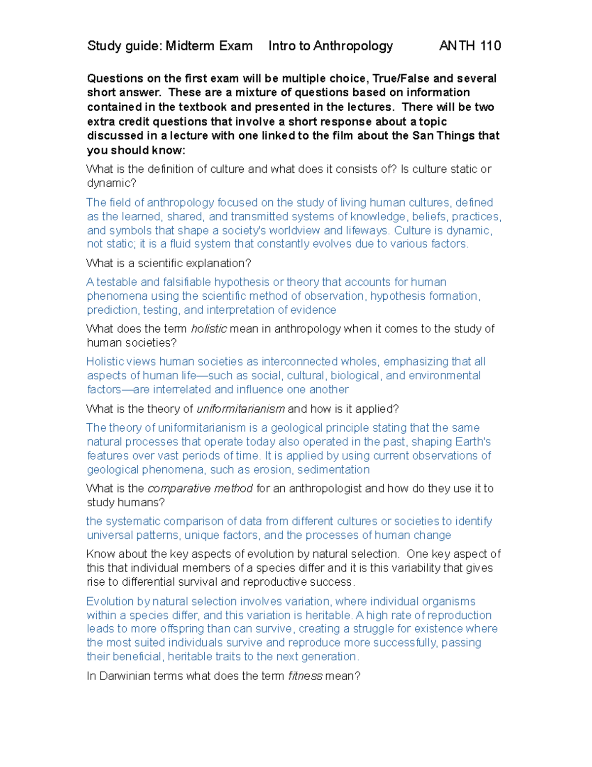 Midterm Exam Study Guide for Intro to Anthropology (ANTH 110) - Studocu