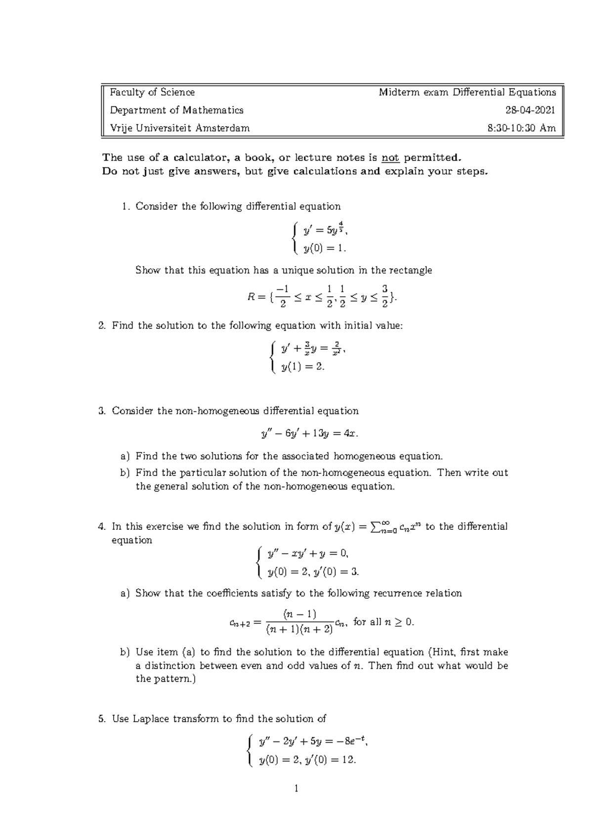 Mathematics 101 Midterm Exam: Differential Equations Solutions - Studeersnel