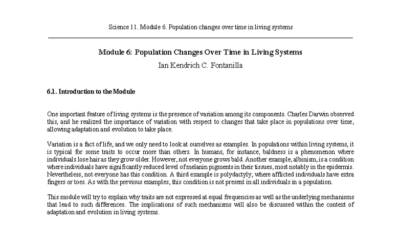 Science 11. Module 6: Changes in Populations Over Time Study Guide ...