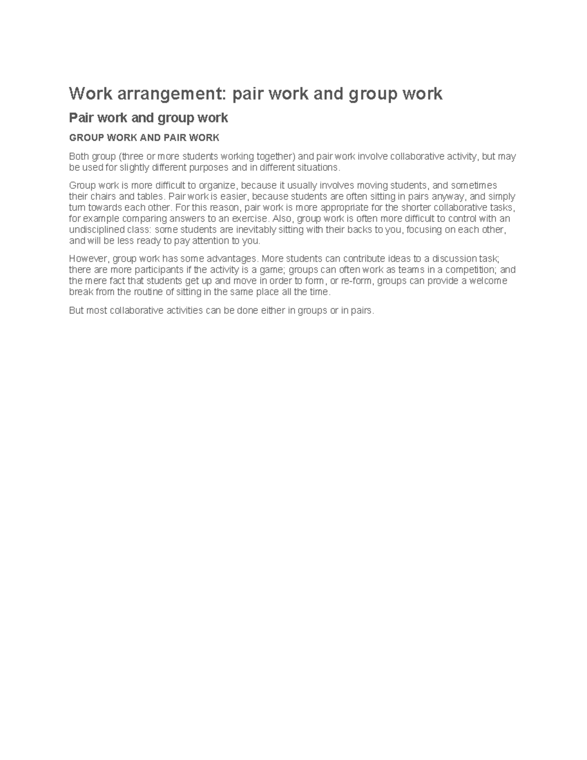 Work Arrangement: Pair Work vs. Group Work Analysis - Studocu