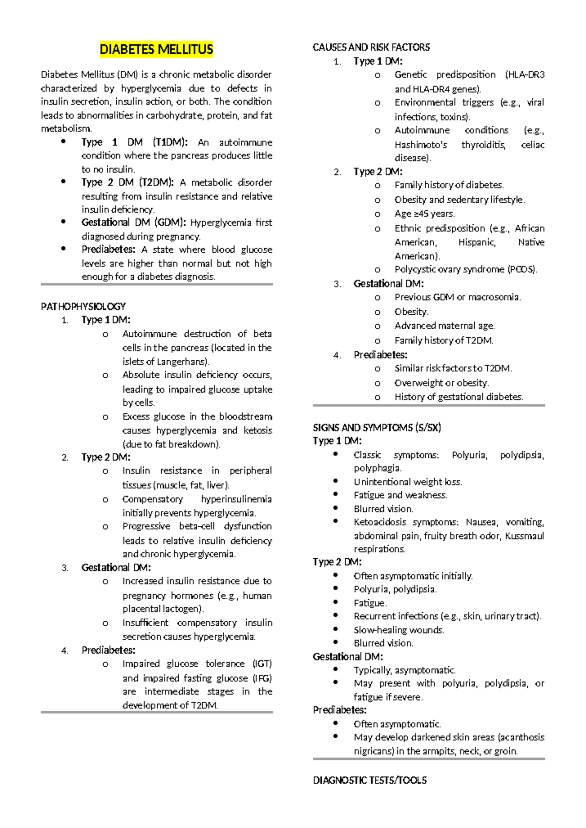 P2 flashcards - DIABETES MELLITUS Diabetes Mellitus (DM) is a chronic ...