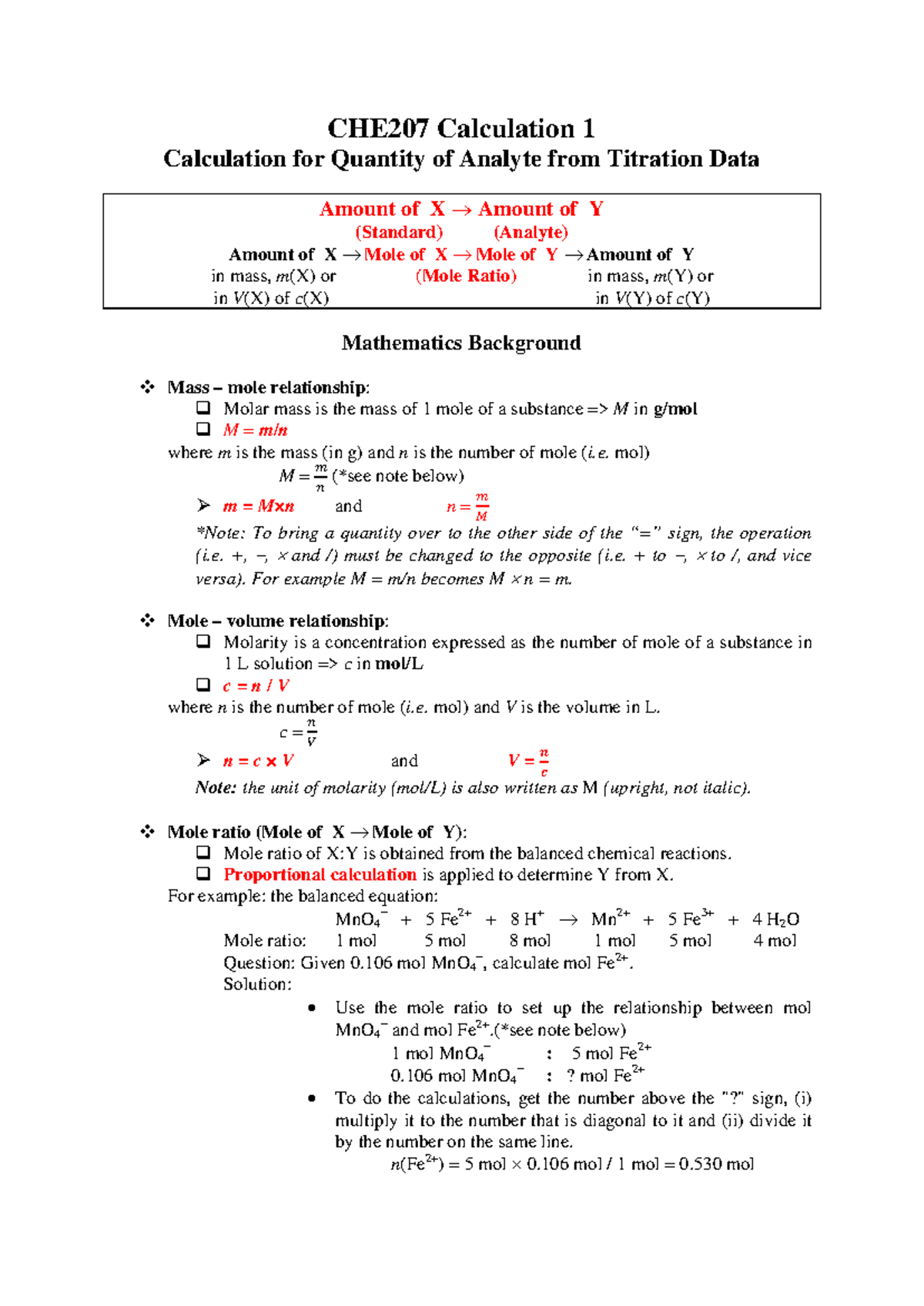 CHE207 Calculation Practice Answers for Titration Data Analysis - Studocu