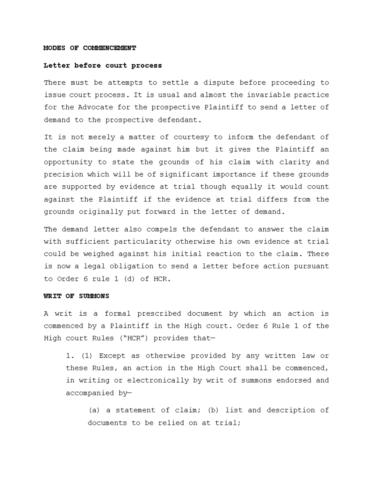 Modes of Commencement: Legal Notes on Court Processes - Studocu