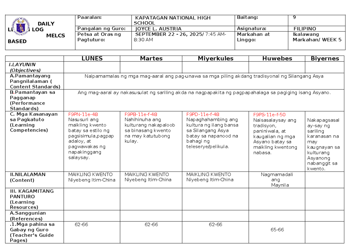 DLL Filipino 9 Q2 W5: Daily Lesson Log on Eastern Asian Literature ...