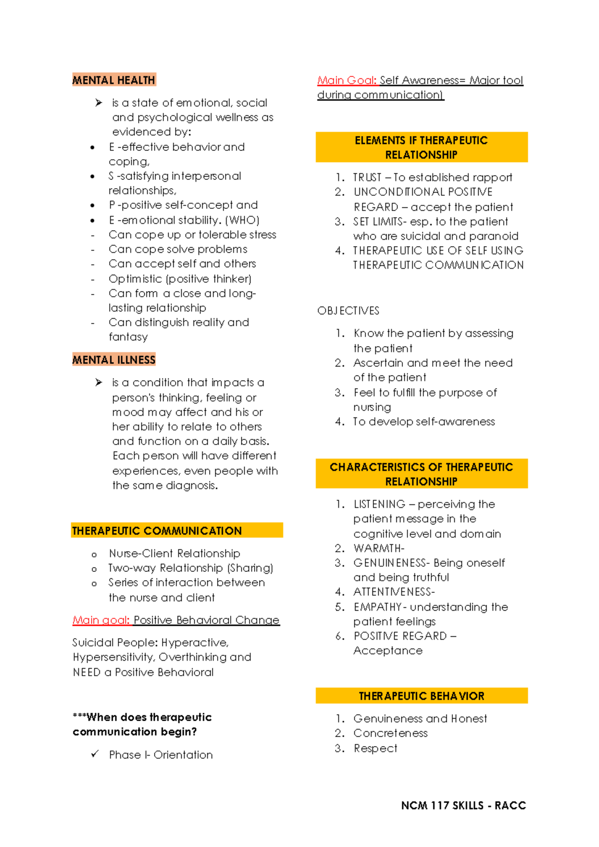 NCM 117 Skills Prelim Notes - MENTAL HEALTH is a state of emotional ...