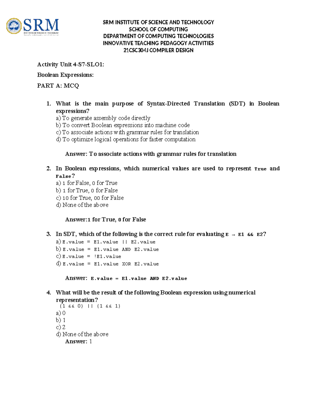 21CSC304J Compiler Design: Boolean Expressions MCQs and Answers - Studocu