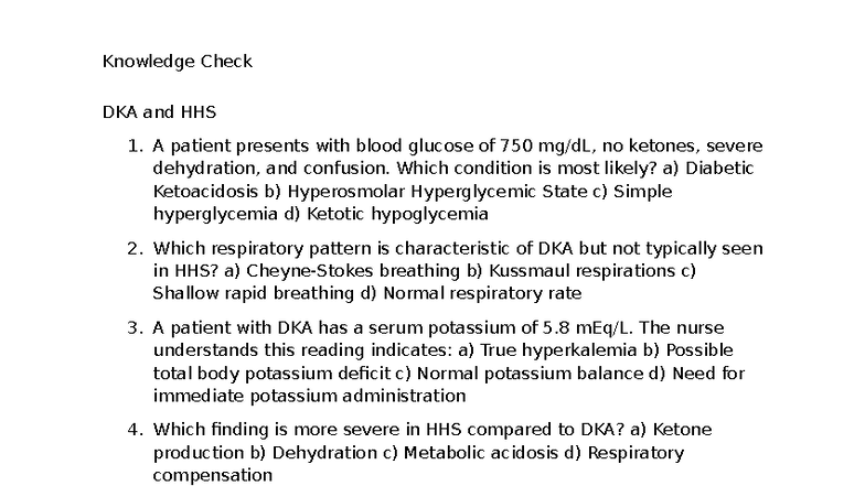 DKA vs HHS: Clinical Knowledge Check & Answer Key (Nursing 101) - Studocu