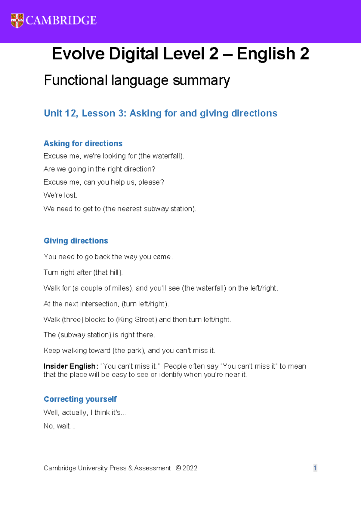 Unit 12 - E2 - Functional Language: Directions & Self-Correction - Studocu