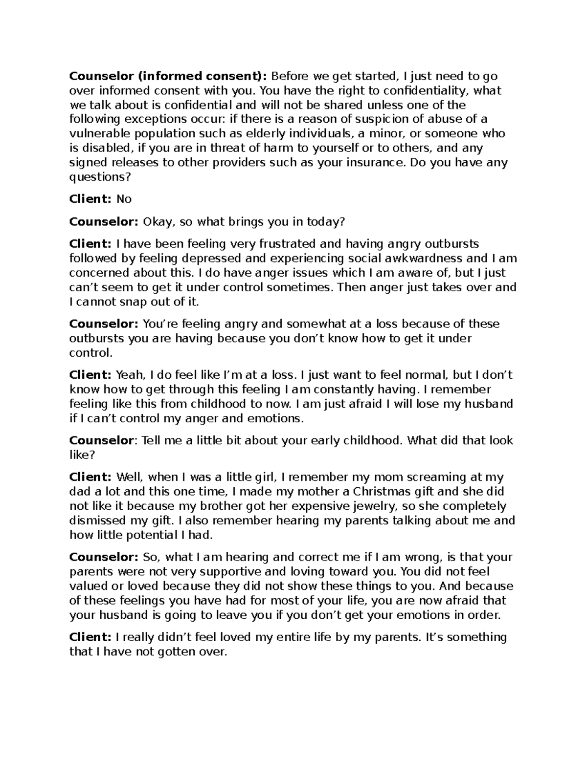 Week 6 Counseling Practice Script: Emotional Regulation Goals - Studocu