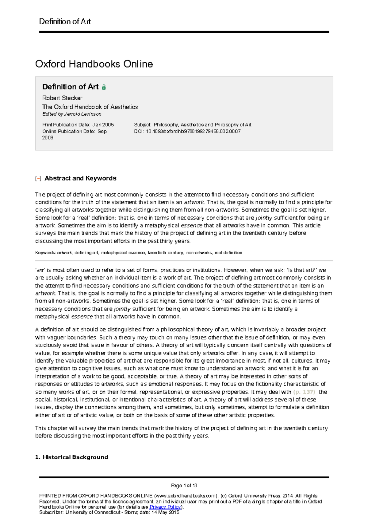 Oxford Handbook of Aesthetics: Defining Art and Its Essence - Studocu