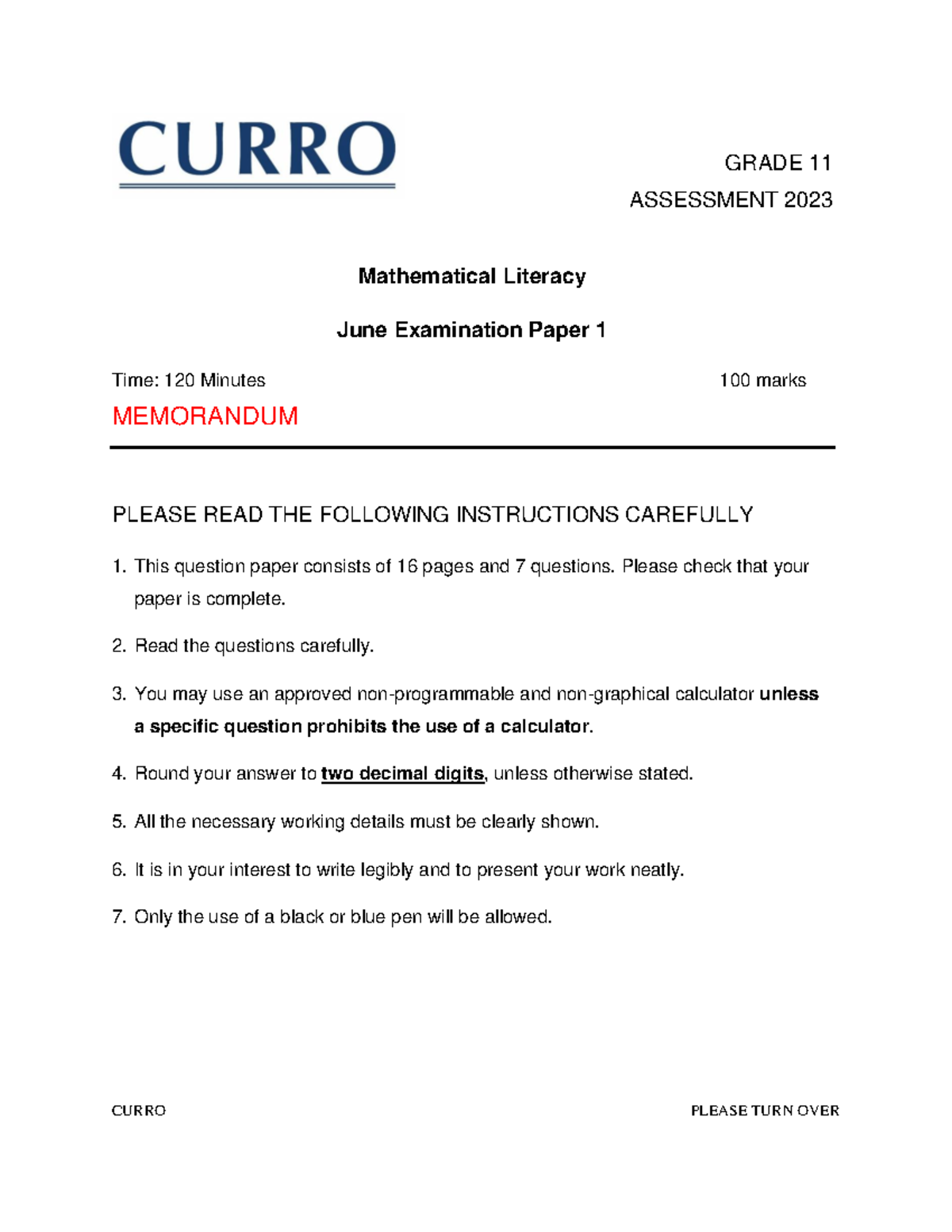 Grade 11 Math Literacy June Exam Paper 1 Final Memo 2023 - Studocu