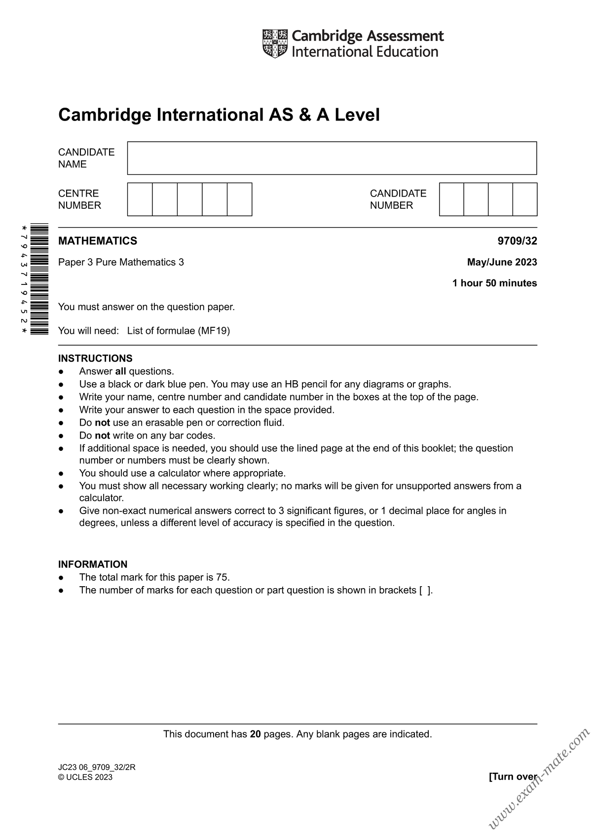 9709/03 Pure Mathematics 3 Paper 2023 - Question Paper - Studocu