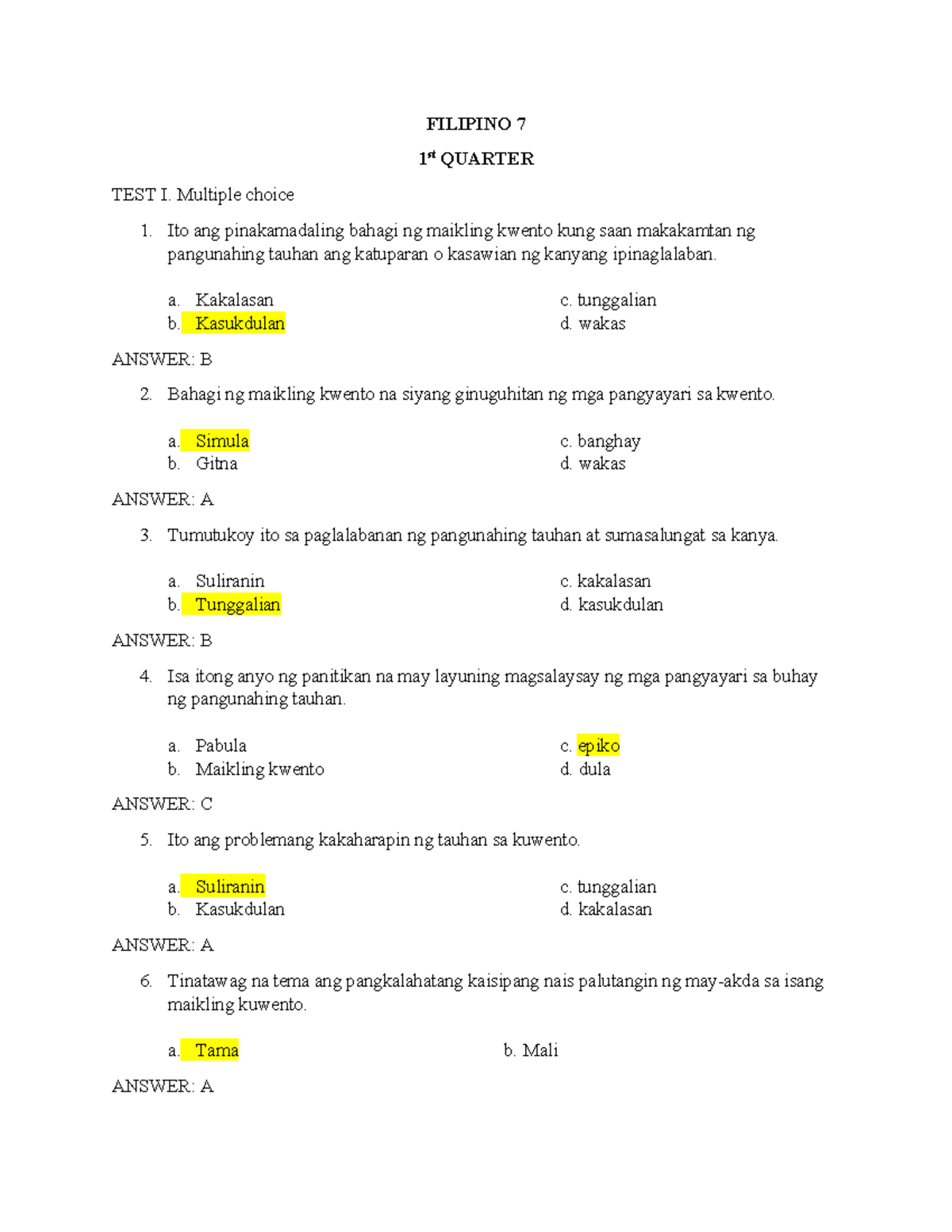 Filipino 7 - 1st Quarter Test Review & Answers - Studocu