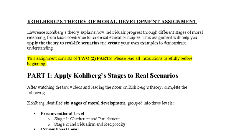 Kohlberg's Theory of Moral Development Assignment - Studocu
