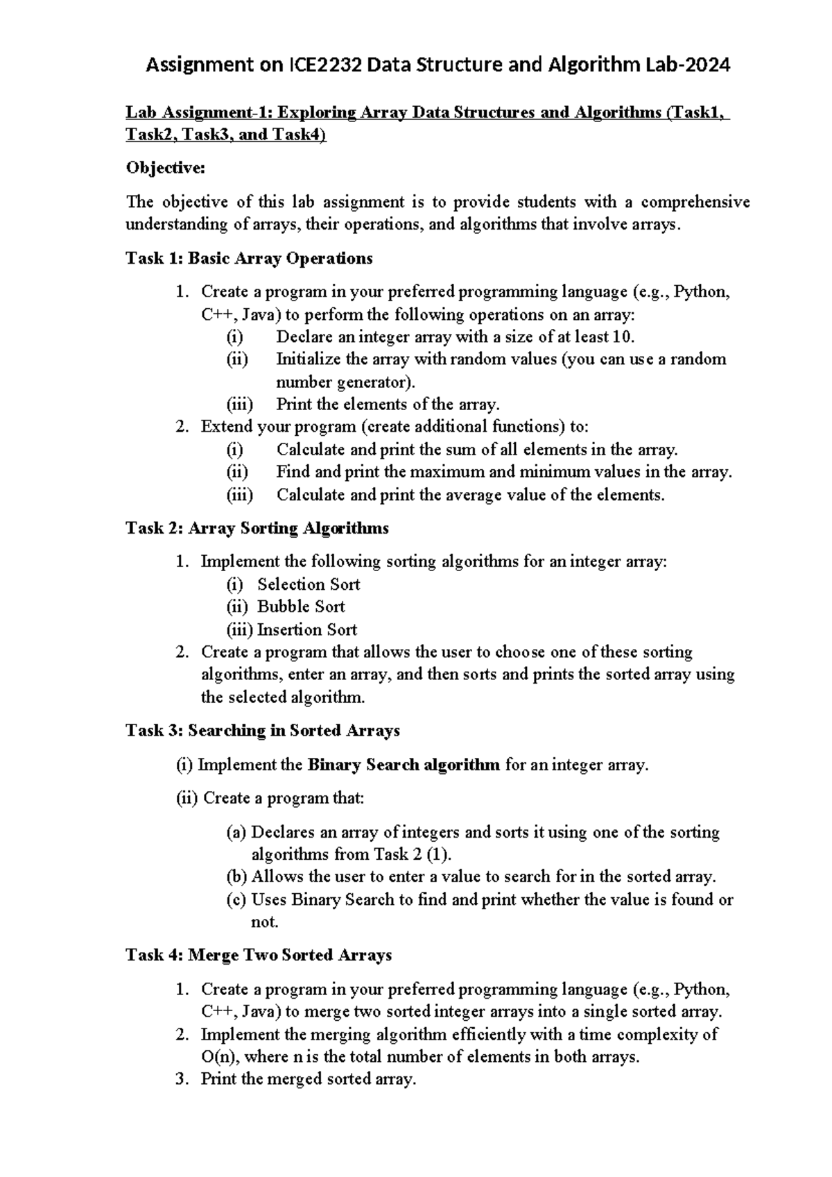 ICE2232 Data Structure Lab Assignment: Exploring Array Algorithms - Studocu